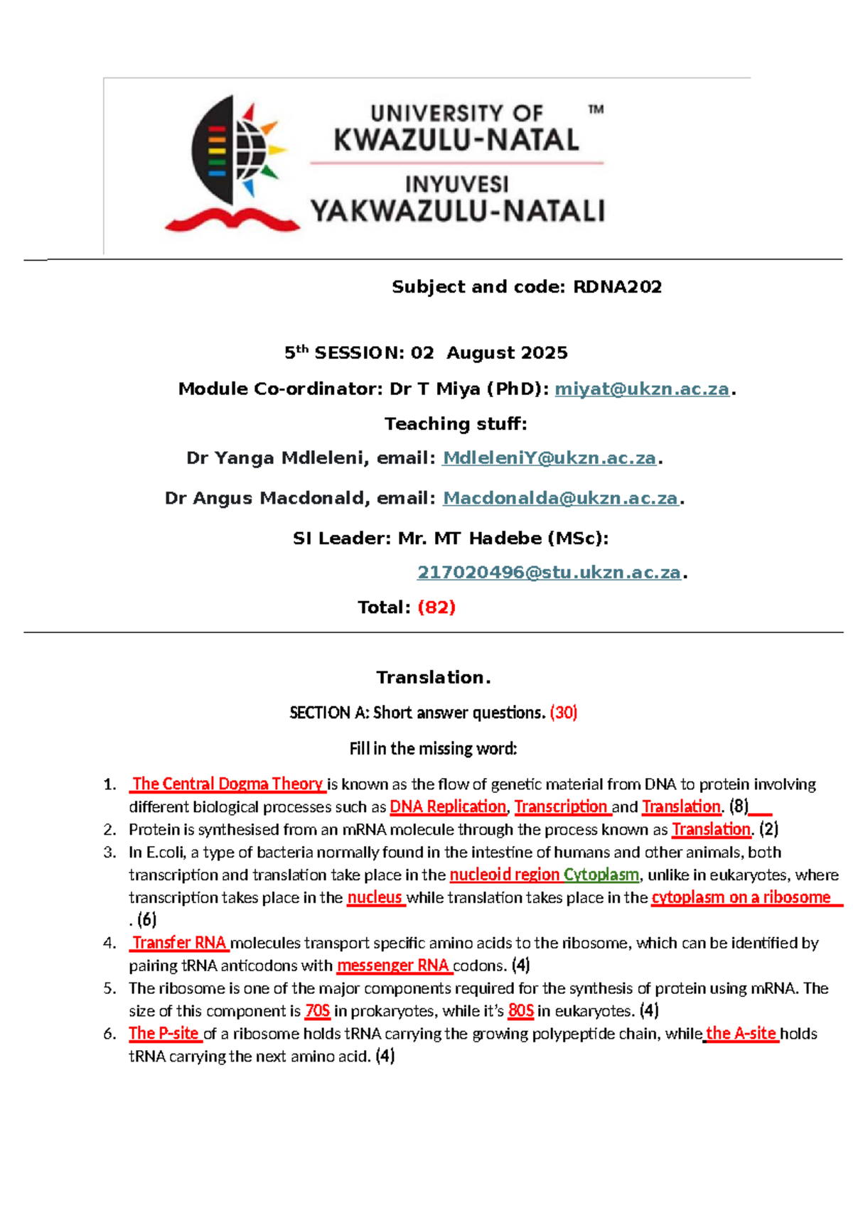 RDNA202 Worksheet 4: Translation Concepts & Short Answer Review - Studocu