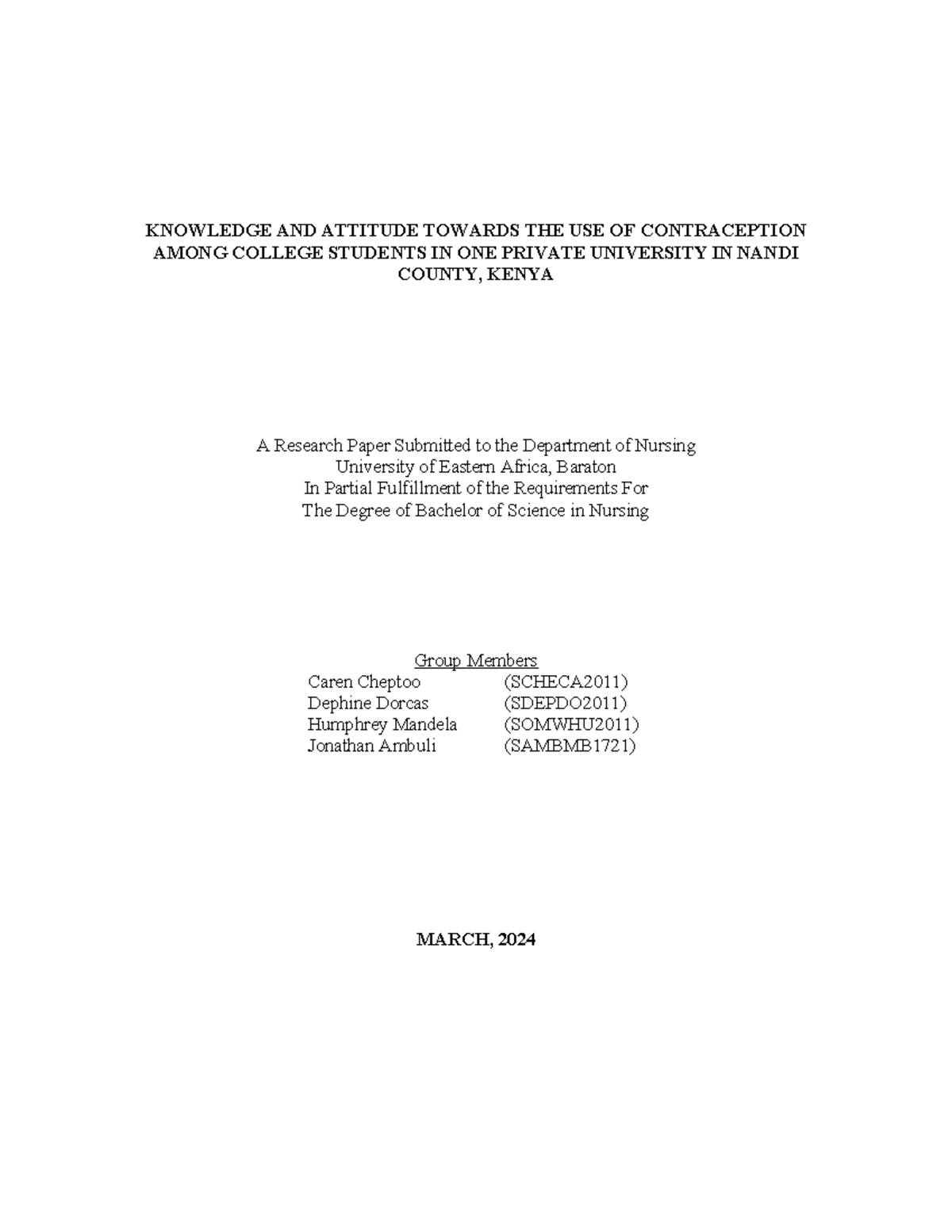 Knowledge and Attitude on Contraceptive Use: A Study Among UEAB Nursing ...