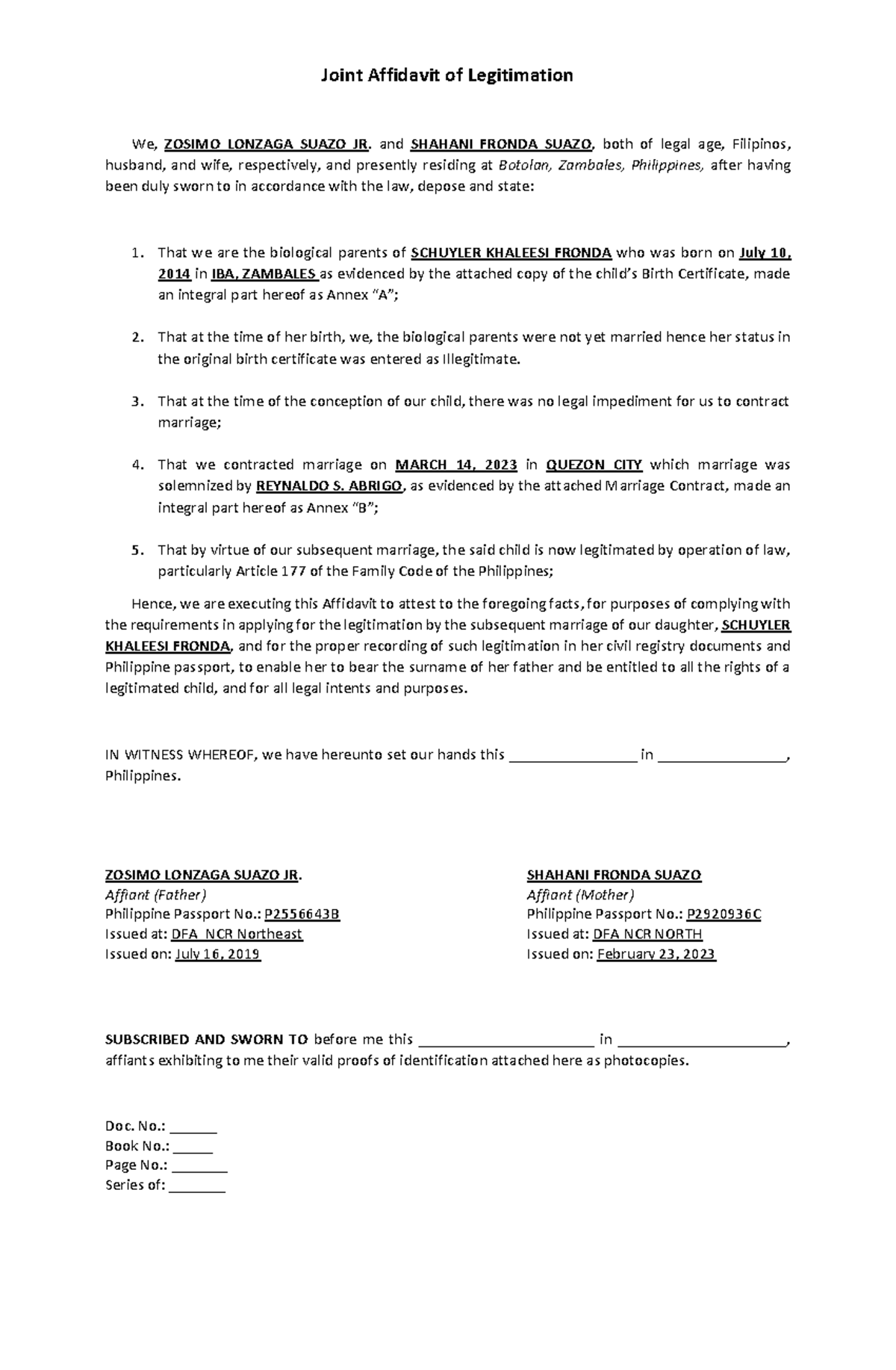 Joint Affidavit of Legitimation - and SHAHANI FRONDA SUAZO, both of legal age, Filipinos ...