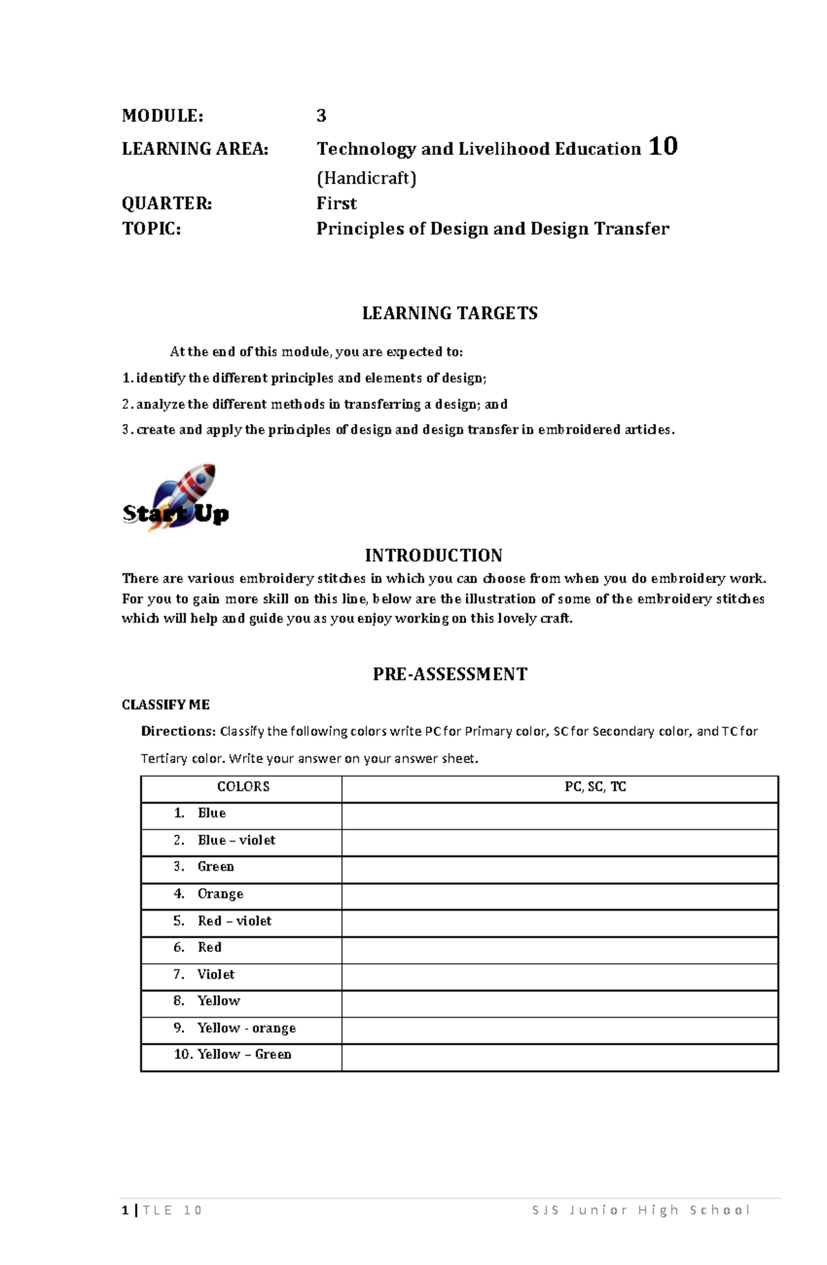 TLE10 Module 3: Principles of Design in Handicraft & Embroidery - Studocu