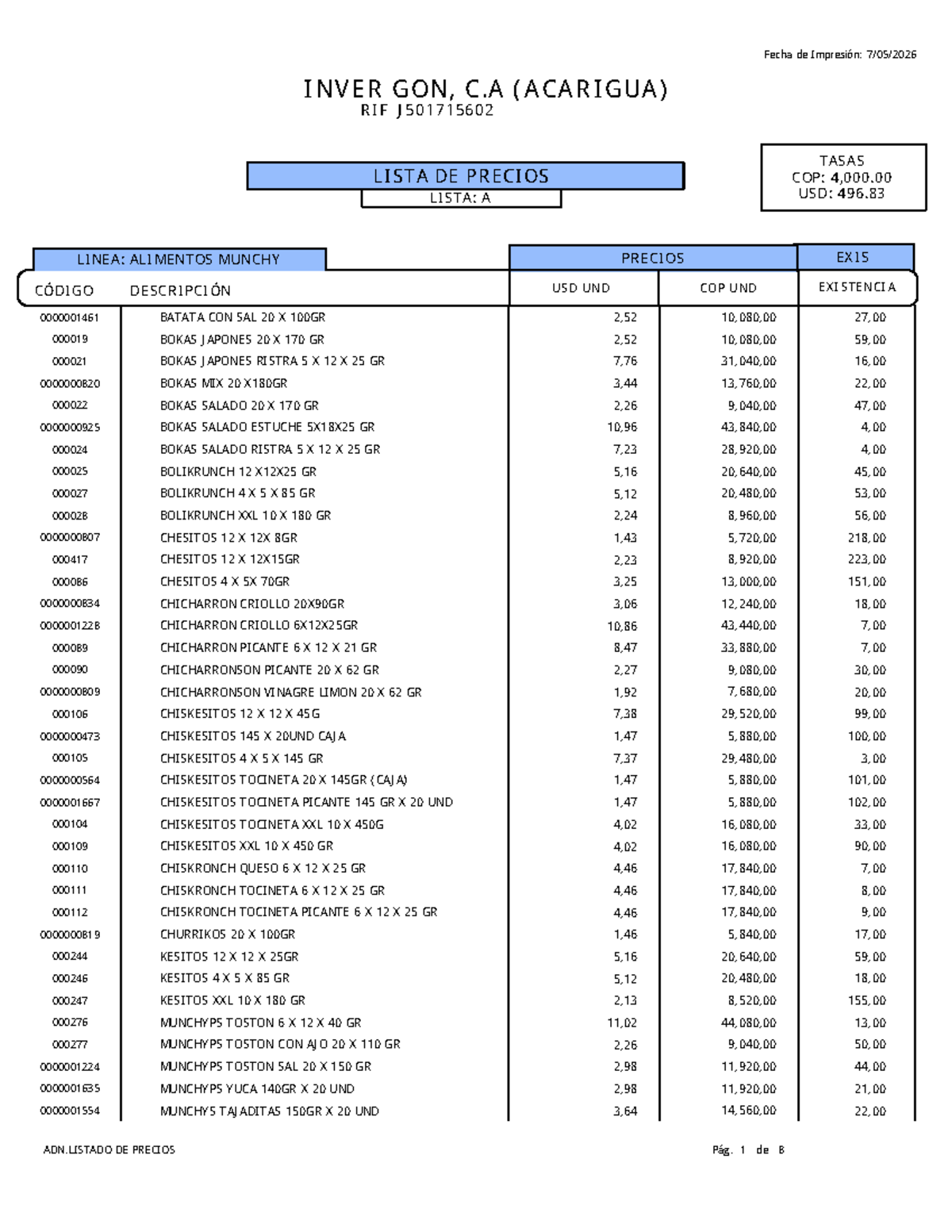 Lista de Precios - INVER GON, C.A (ACARIGUA) - 2026 - Studocu
