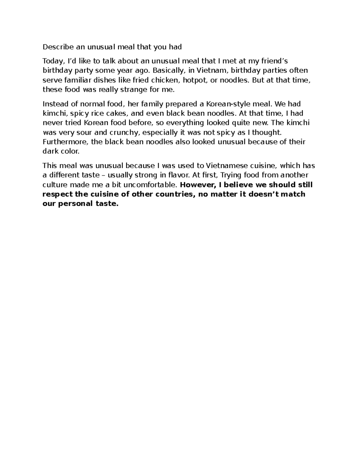 Unusual Meal Experience: A Birthday Celebration in Vietnam - Studocu