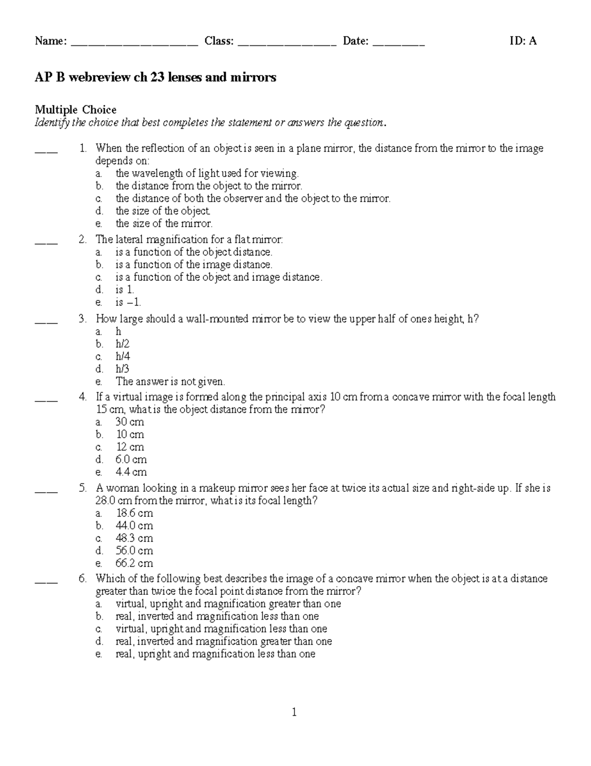 AP B Quiz 140562554717471495: Lenses and Mirrors Review - Studocu