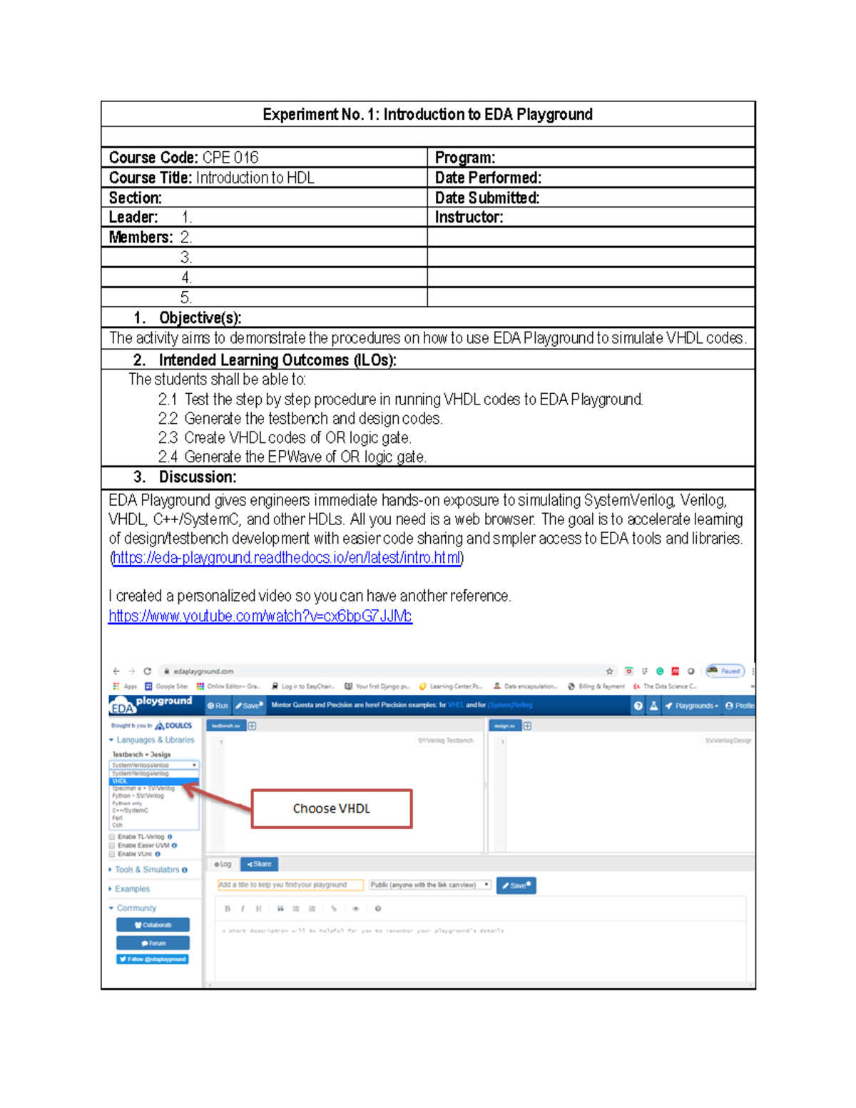 Introduction docs - Experiment No. 1: Introduction to EDA Playground Course Code: CPE 016 ...