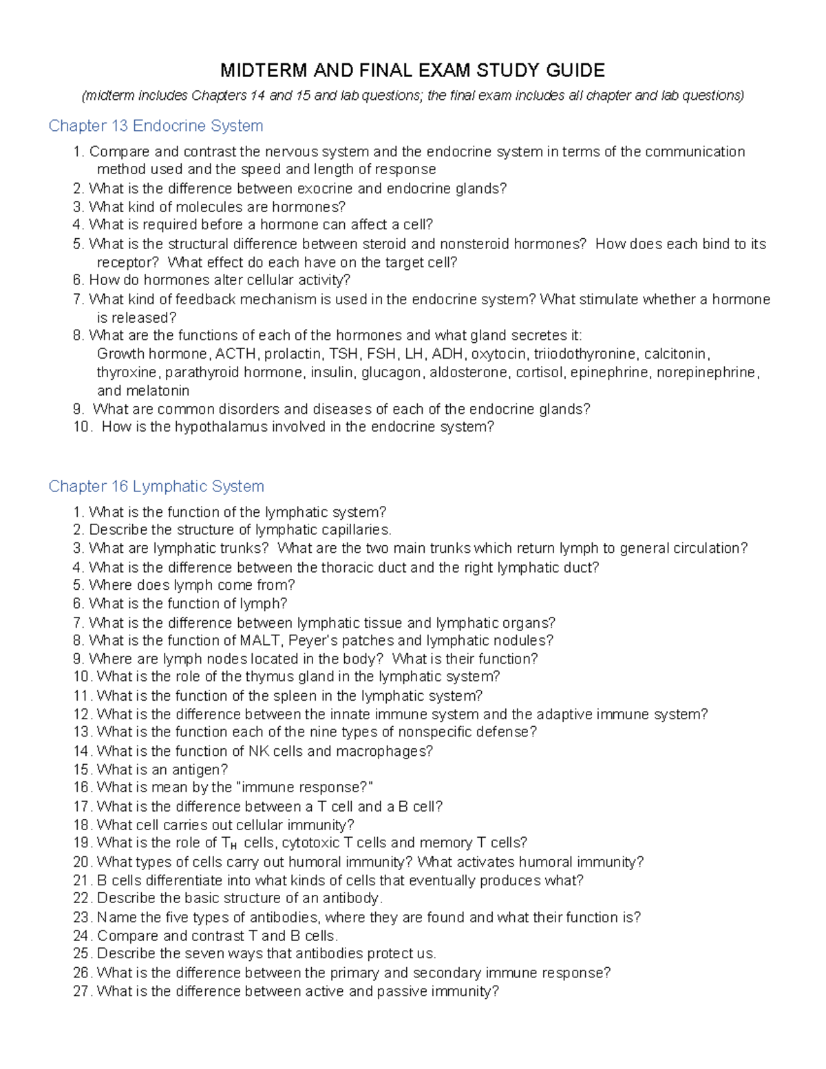 MIDTERM & FINAL EXAM STUDY GUIDE: Endocrine, Lymphatic, Blood, Heart ...