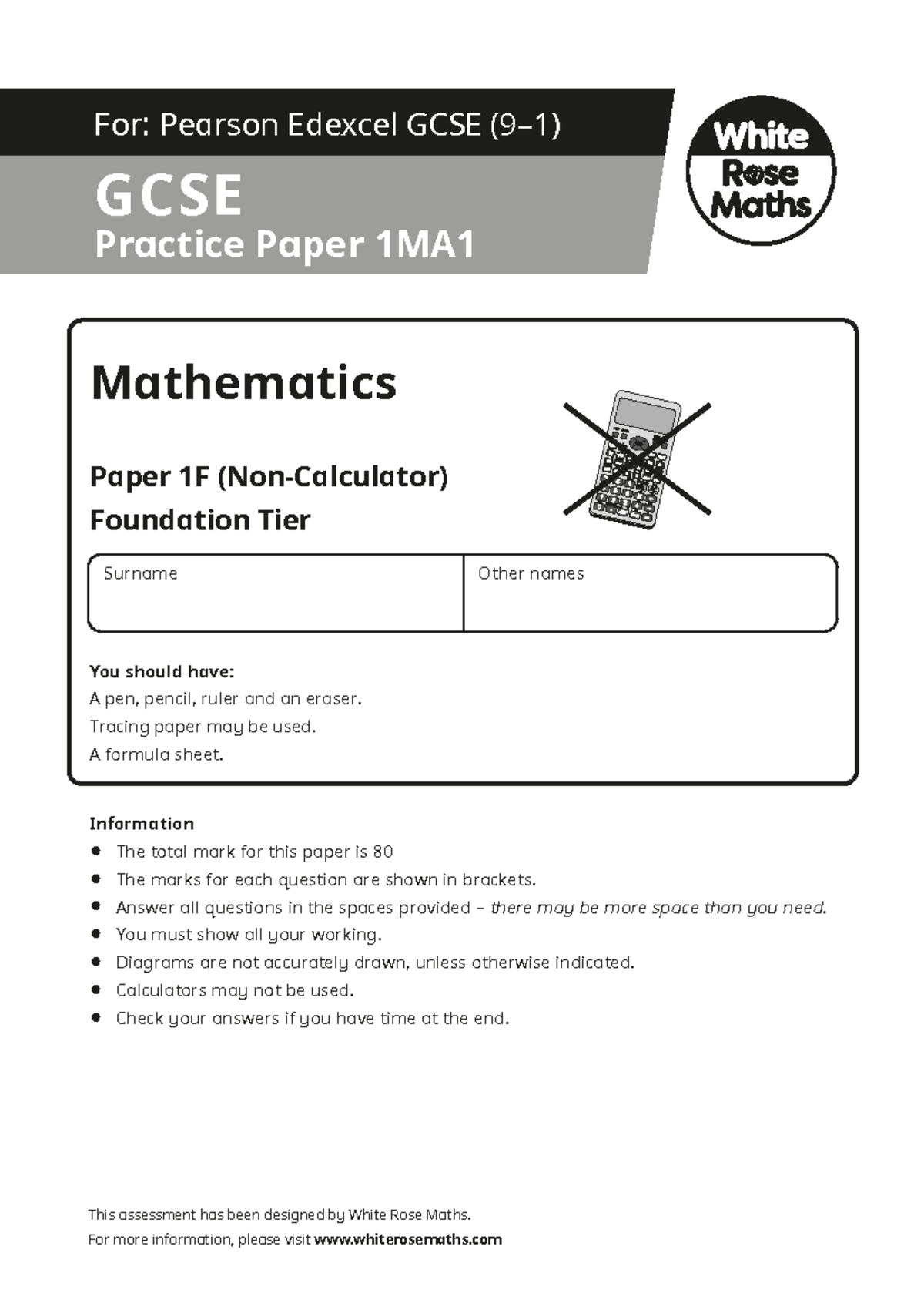 GCSE 2022 Year 11 Practice Paper 1F Mathematics (Non-Calculator) - Studocu