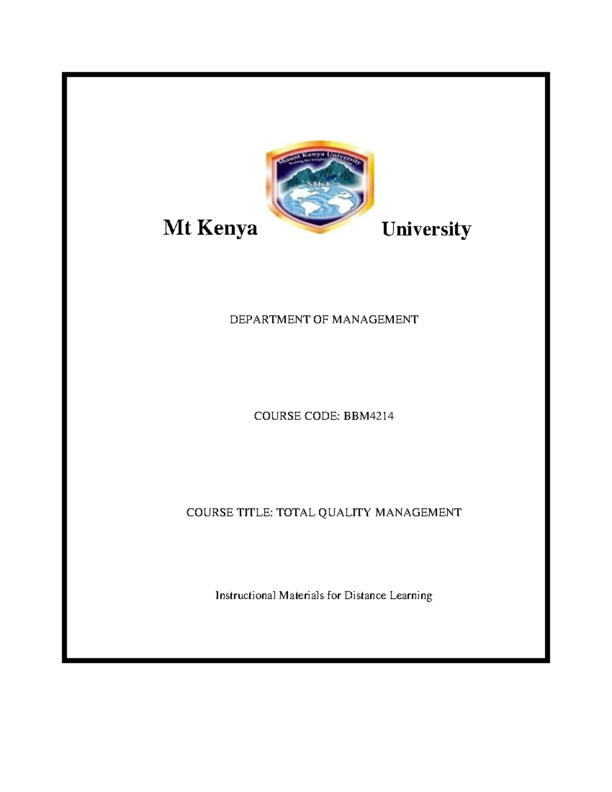 BBM4214 Total Quality Management Course Outline and Study Guide - Studocu