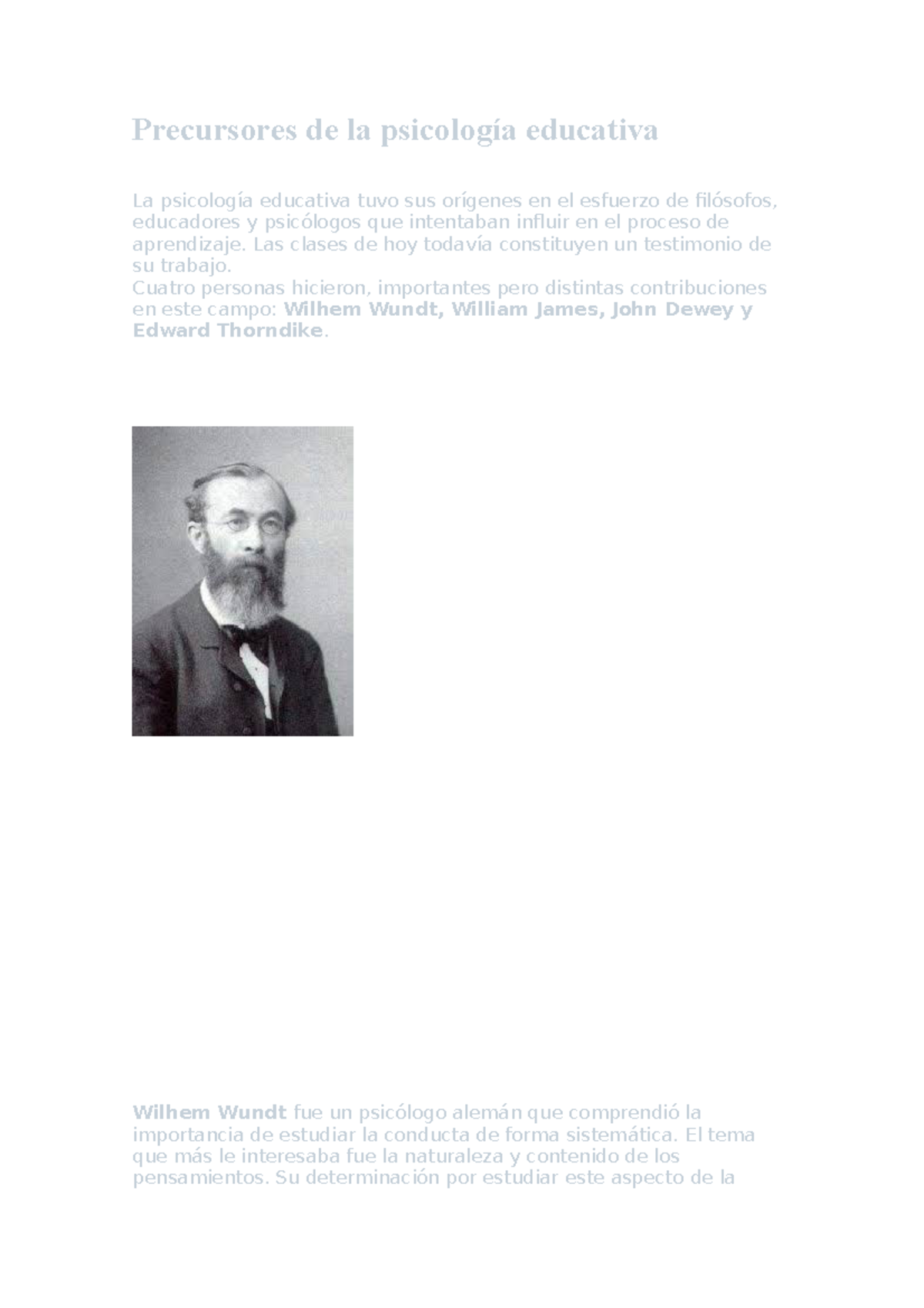 Precursores de la Psicología Educativa: Wundt, James, Dewey y Thorndike ...