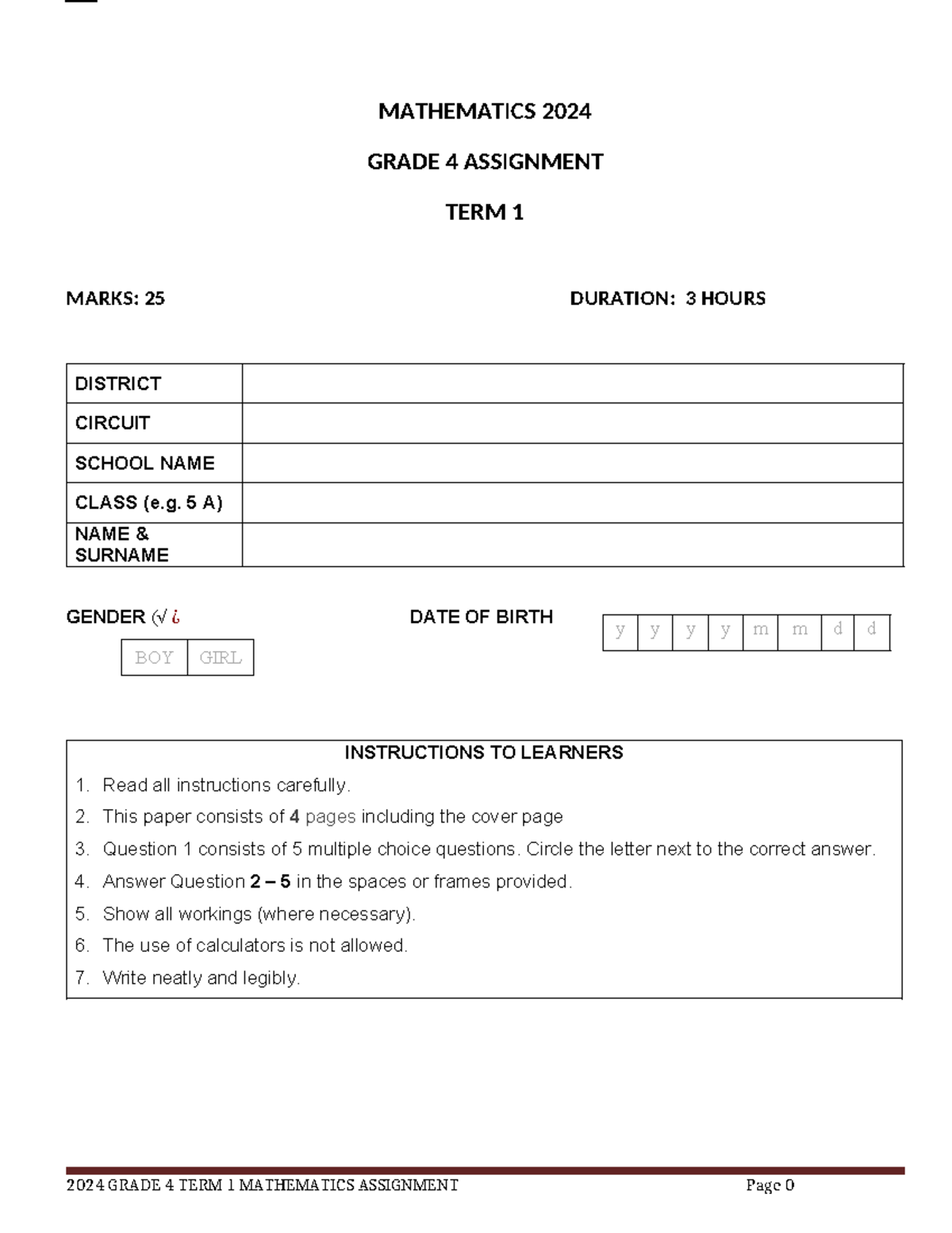 2024 GRADE 4 TERM 1 MATHEMATICS ASSIGNMENT DETAILS - Studocu
