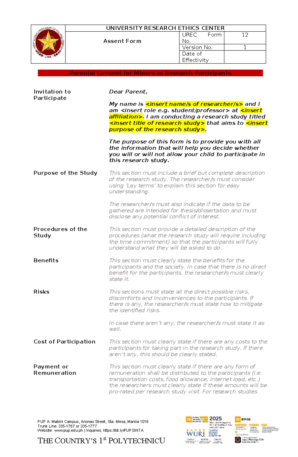 UREC Form 12: Assent Form for Minor Research Participants - Studocu