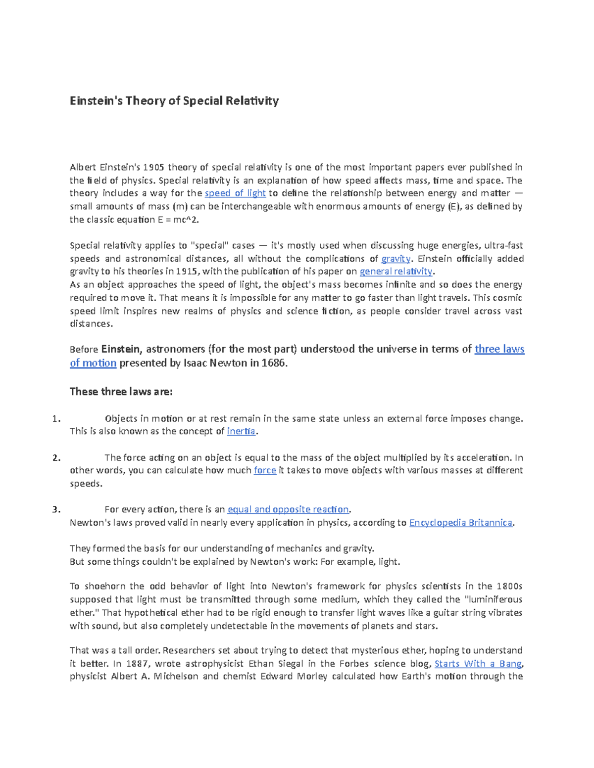 Theory of Special Relativity - Einstein's Theory of Special Relativity ...