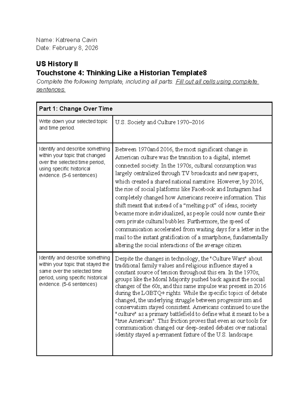 US History II Touchstone 4: Analyzing Cultural Change (1970-2016) - Studocu