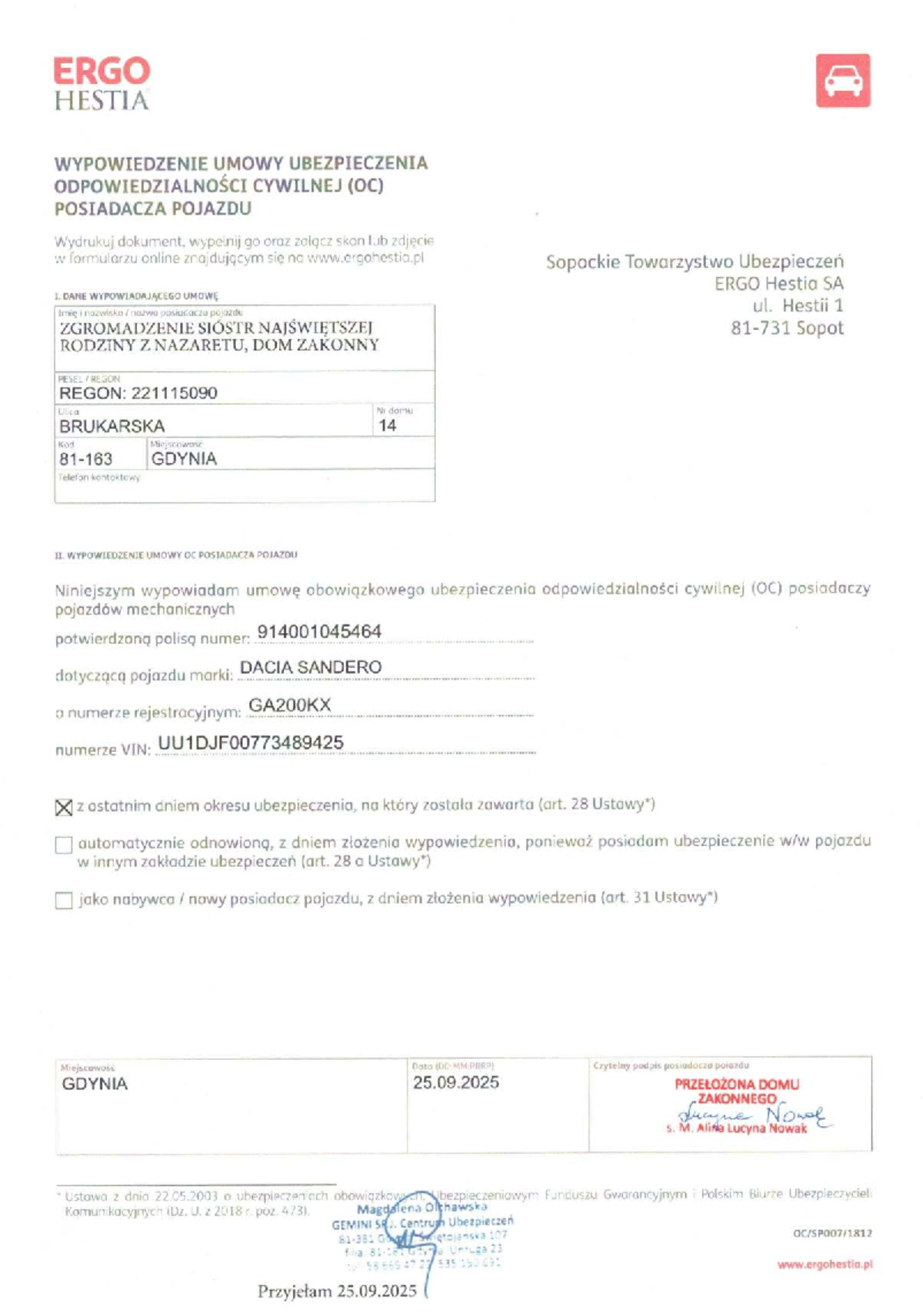 ERGO HESTIA OC WYPowiedzenie Umowy Ubezpieczenia Pojazdu - Studocu