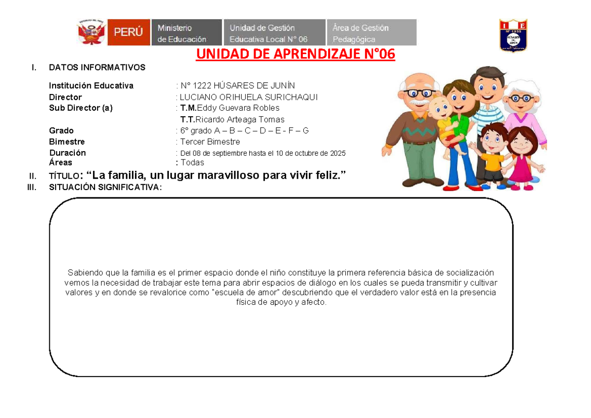 Unidad N° 06 - 2025: Aprendizaje sobre la Familia y Valores - Studocu