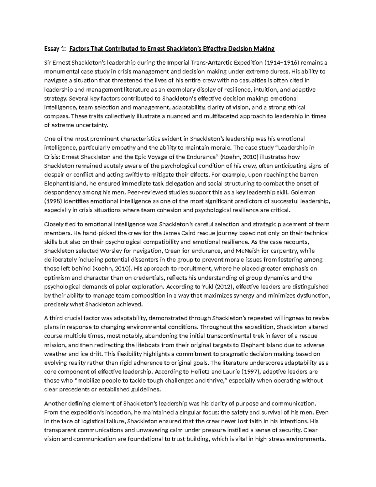 Essay 1: Factors Influencing Ernest Shackleton's Leadership Decisions ...