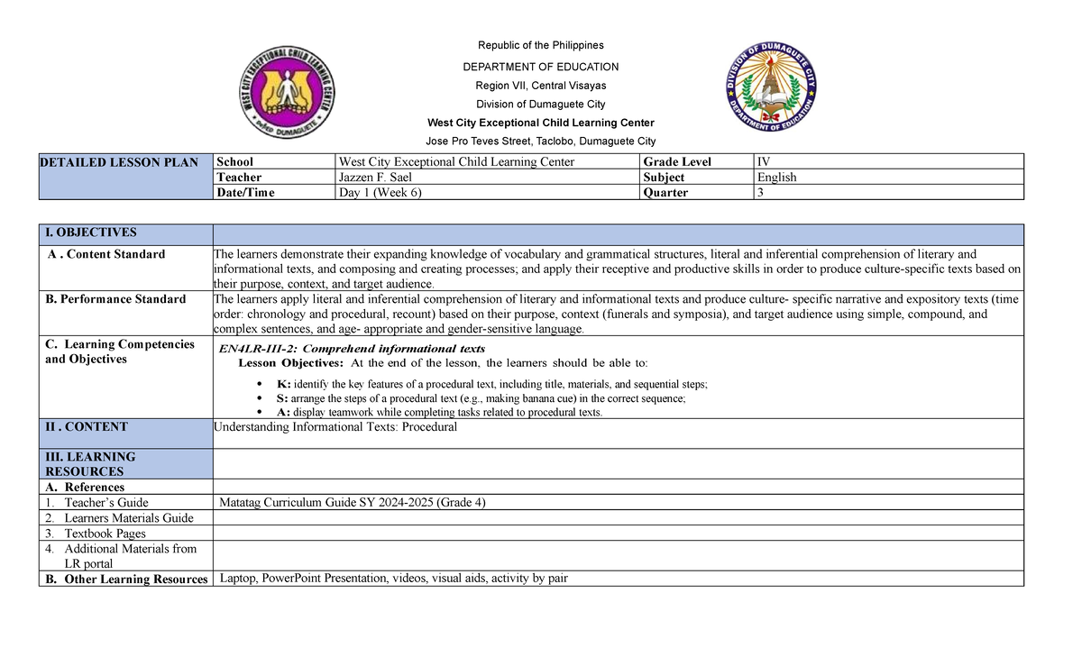 Detailed Lesson Plan: Grade 4 English - Week 6 (Procedural Texts) - Studocu