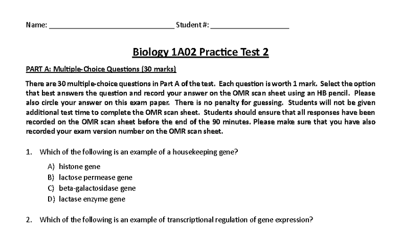 Bio 1A02 Practice Test 2 - Biology 1A02 Practice Test 2 PART A ...