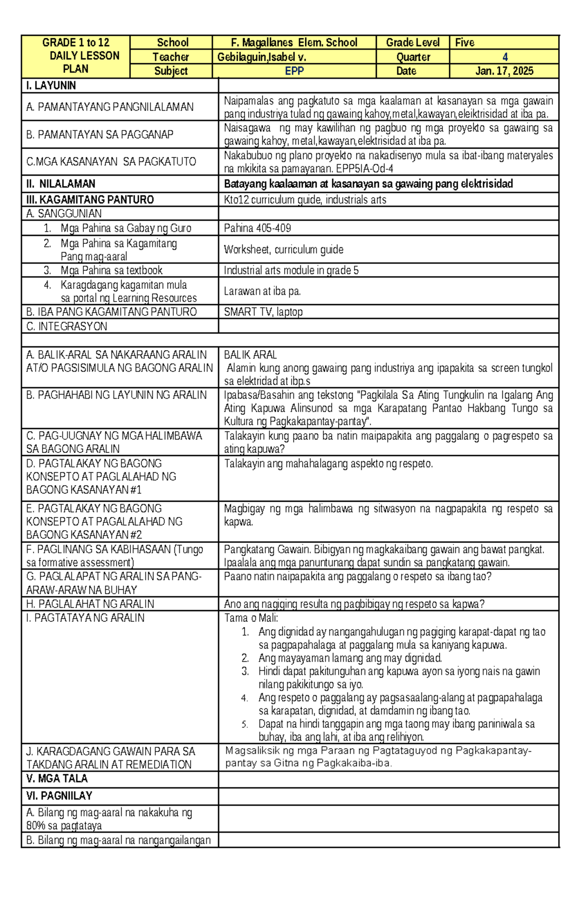 GMRC4-DLL-Q3 Week 4 - EPP Lesson Plan for Grade 5 - Studocu