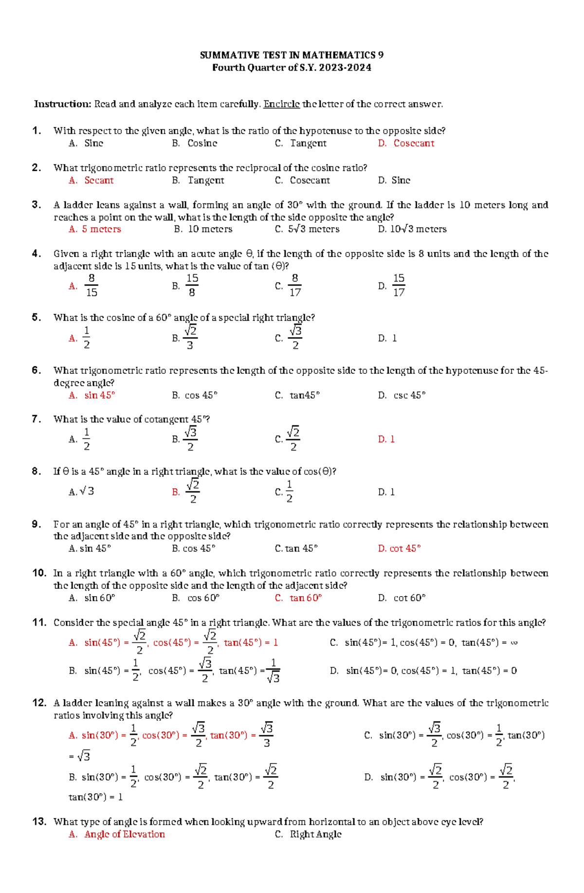 SUMMATIVE TEST IN MATH 9: Fourth Quarter Review & Practice - Studocu