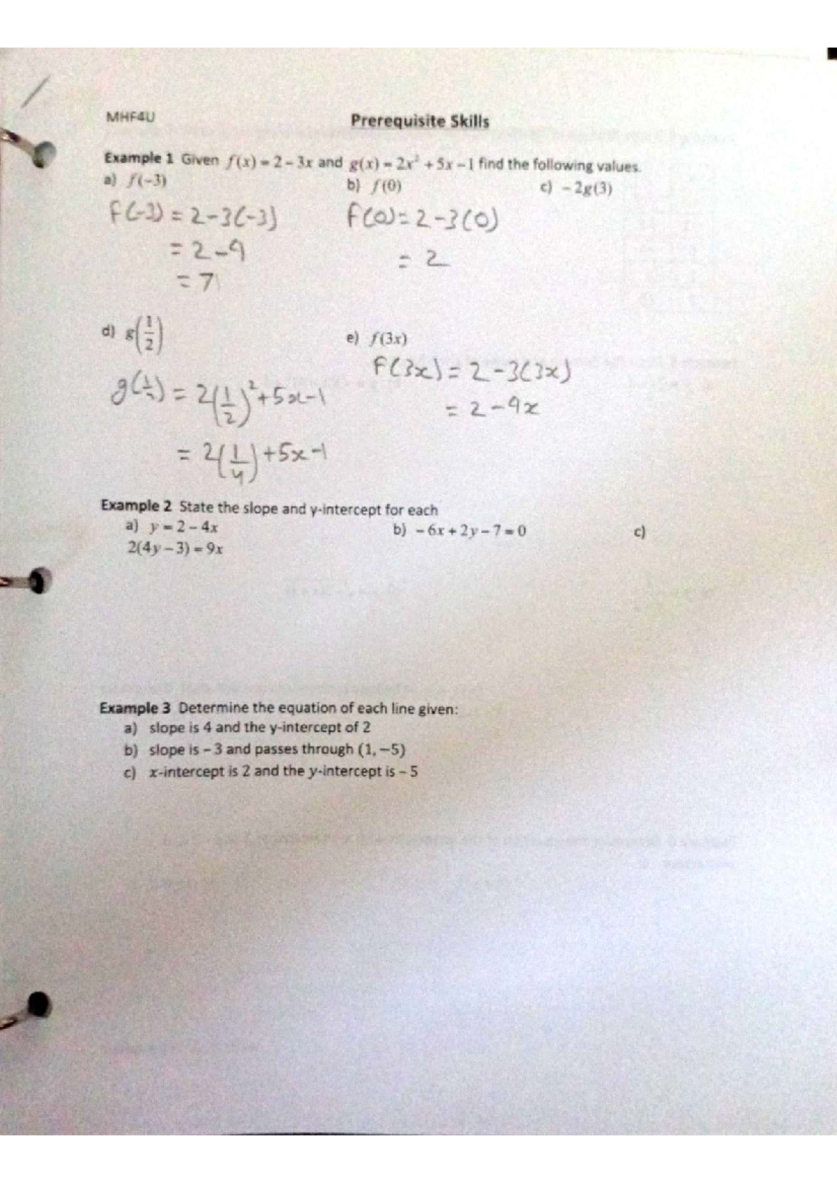 MHF4U Prerequisite Skills Worksheet: Functions and Equations - Studocu