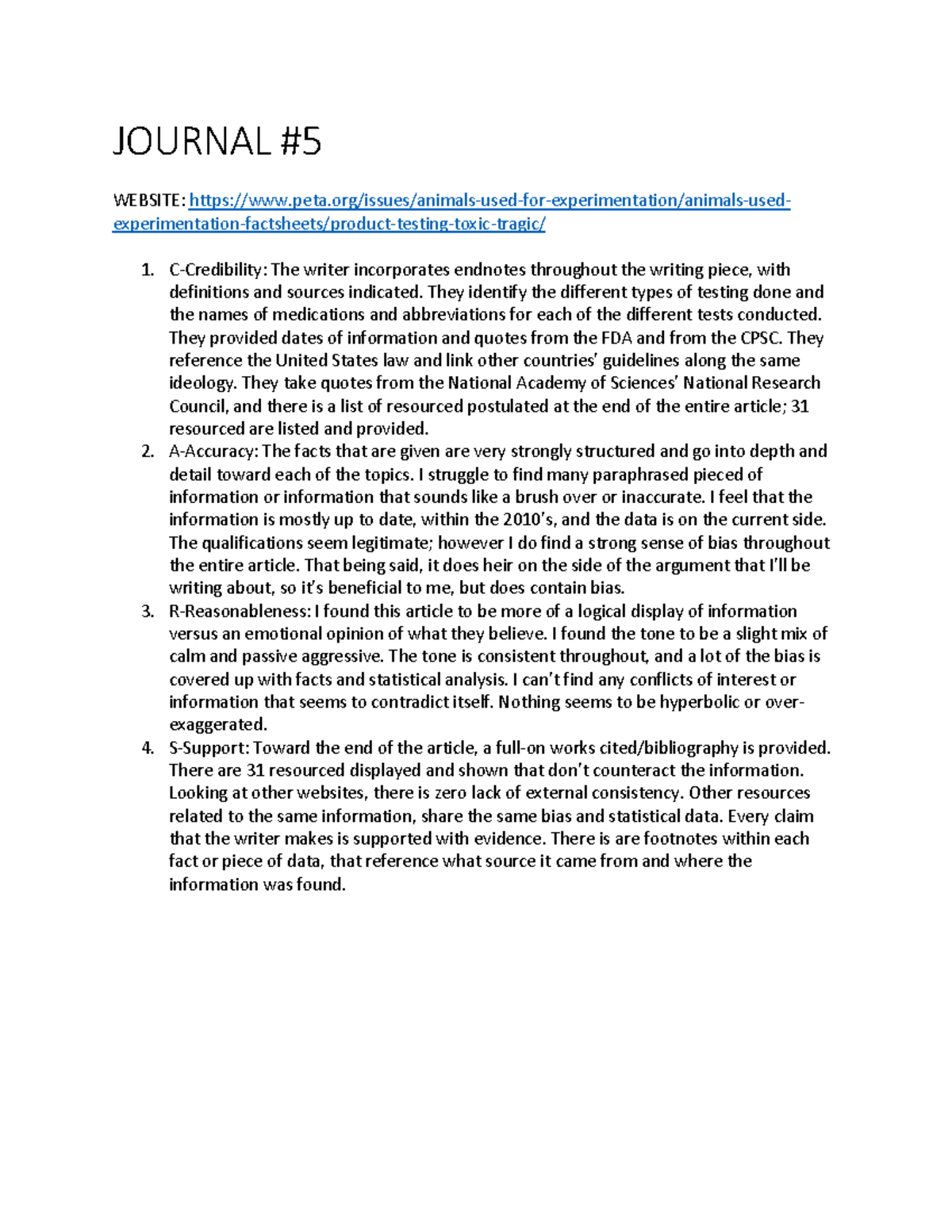JOURNAL 5 CARS: Analyzing the PETA Article on Product Testing - Studocu