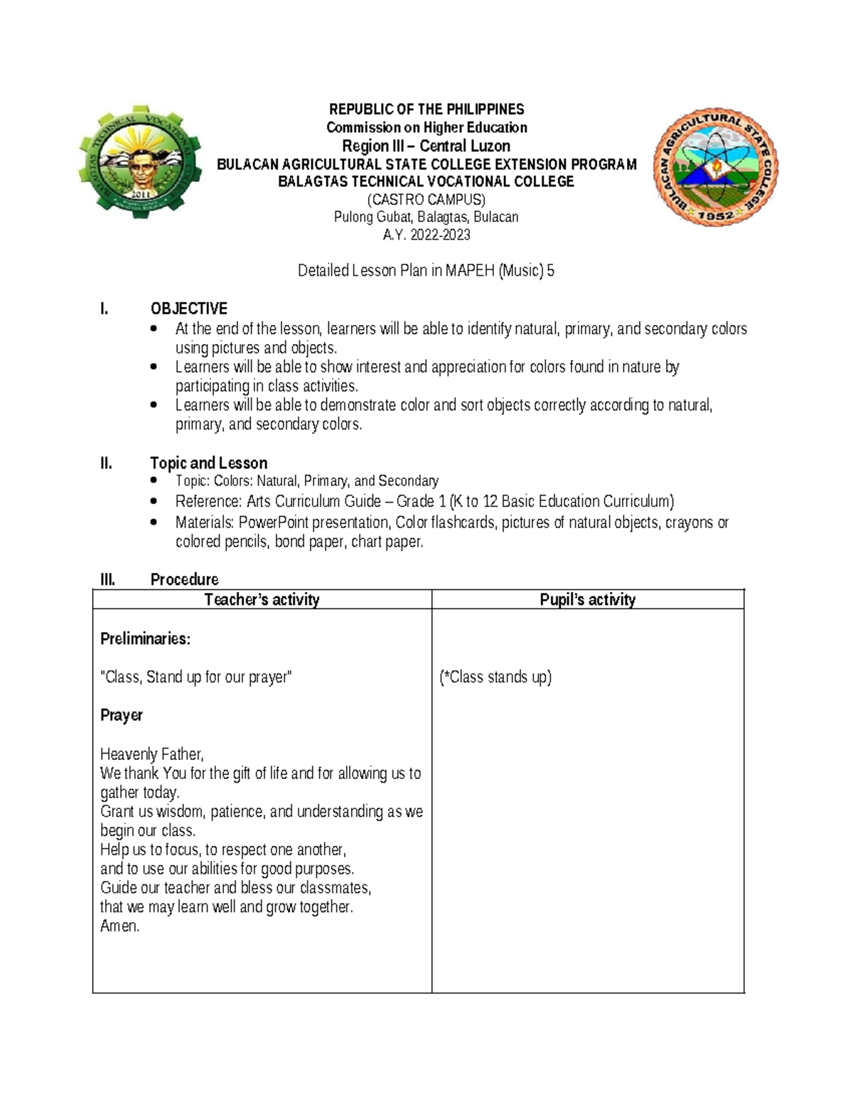 DLP - MAPEH (Music) Lesson Plan on Colors for Grade 1 - Studocu