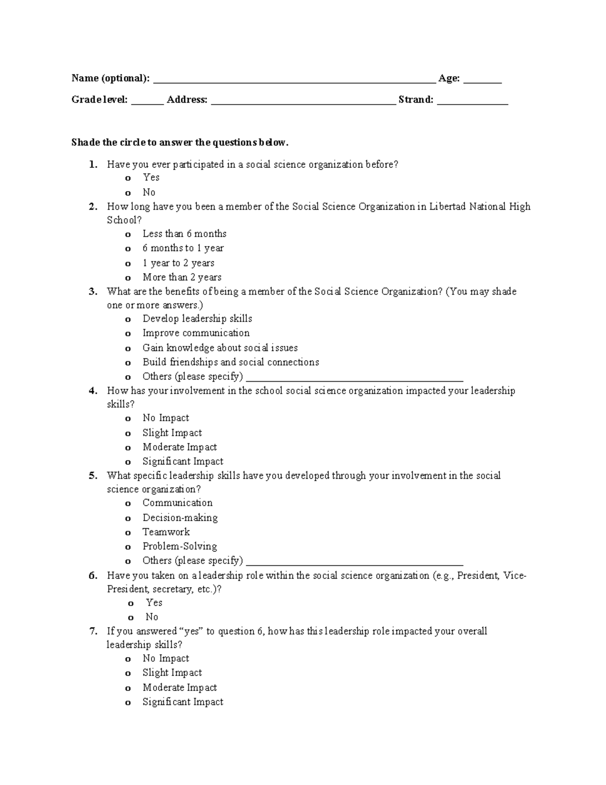 Social Science Org Questionnaire - Libertad National High School - Studocu