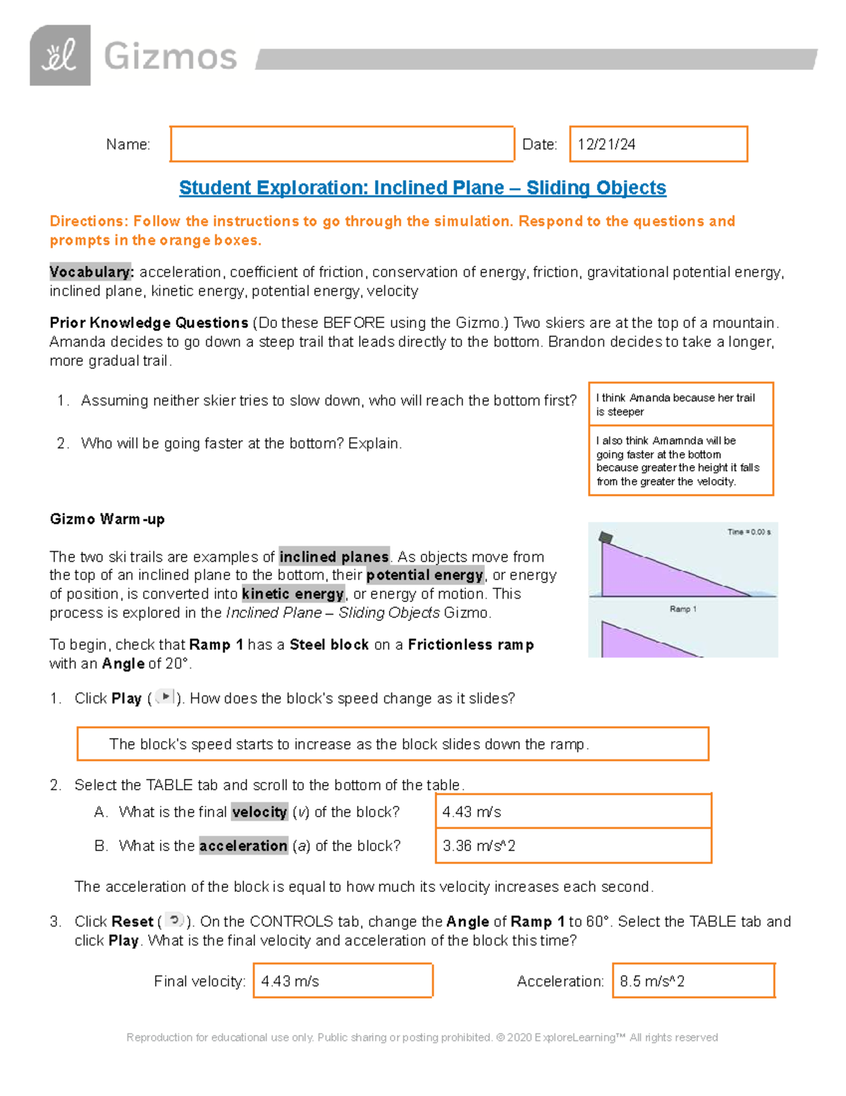 Copy of SE: Inclined Plane Sliding Objects Exploration - Studocu