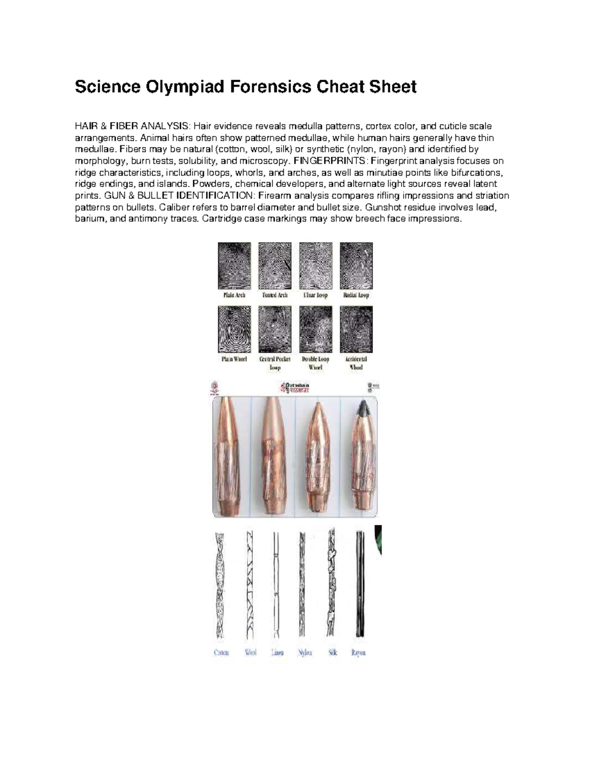 Forensics Cheat Sheet: Hair, Fingerprints & Bullet Analysis (SO) - Studocu