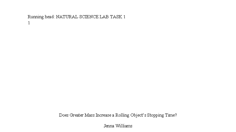 NATURAL SCIENCE LAB TASK 1: Stopping Time of Rolling Toy Cars - Studocu