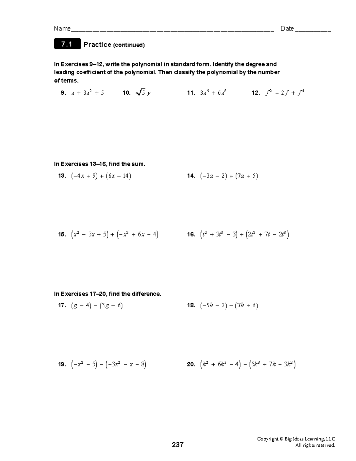NC Math 1: Polynomial Standard Form Practice and Classification - Studocu