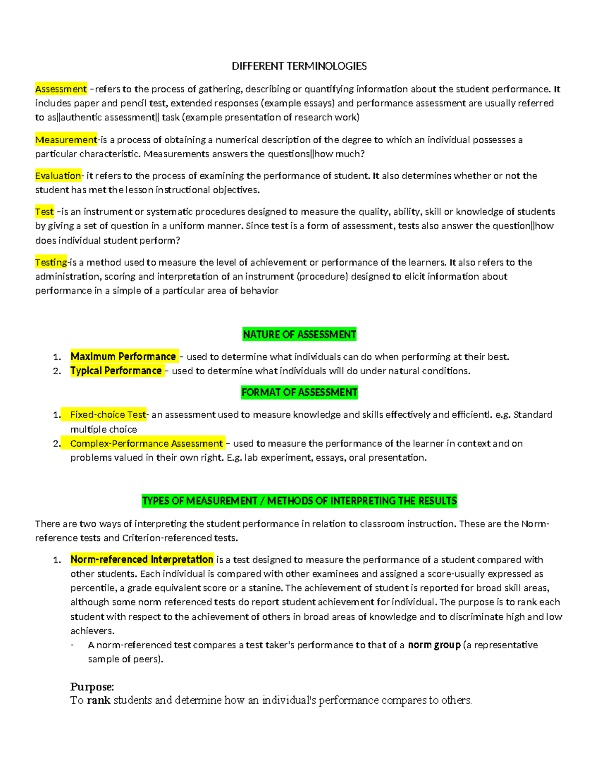 Assessment Terminologies and Methods: A Comprehensive Overview (EDU 101 ...