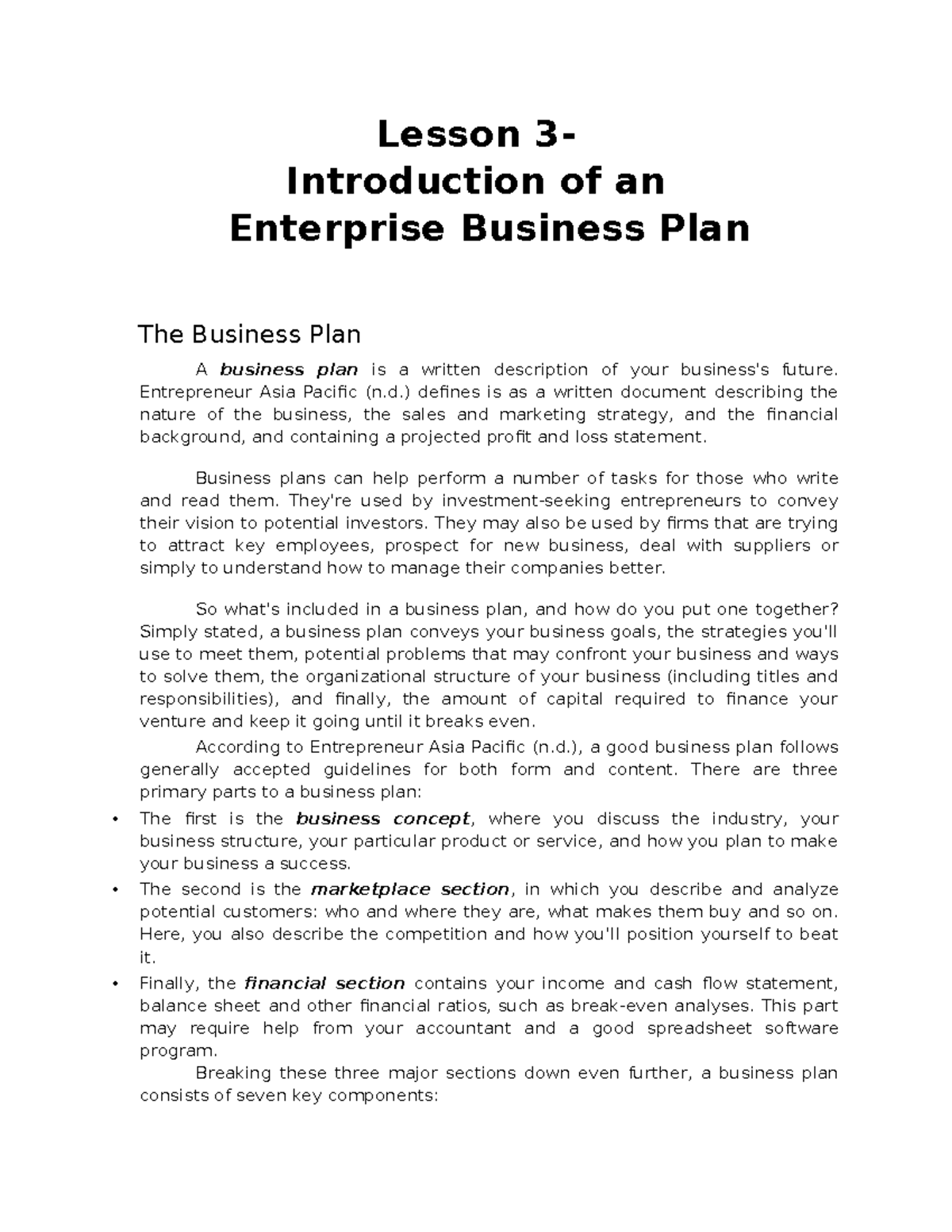 Lesson 3: Introduction to an Enterprise Business Plan - Studocu