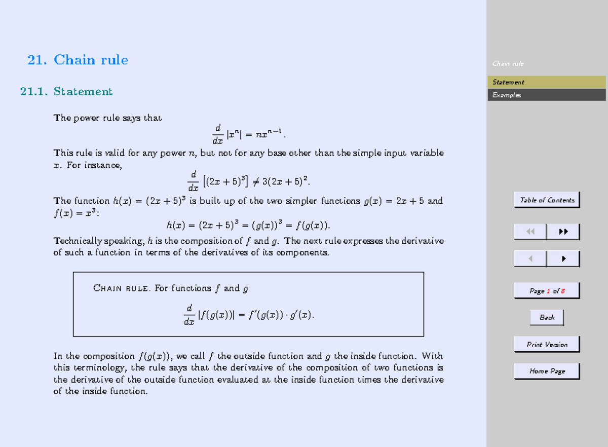 Chainrule-screen - summary of the chain rule - Chain rule Statement Examples Table of Contents ...