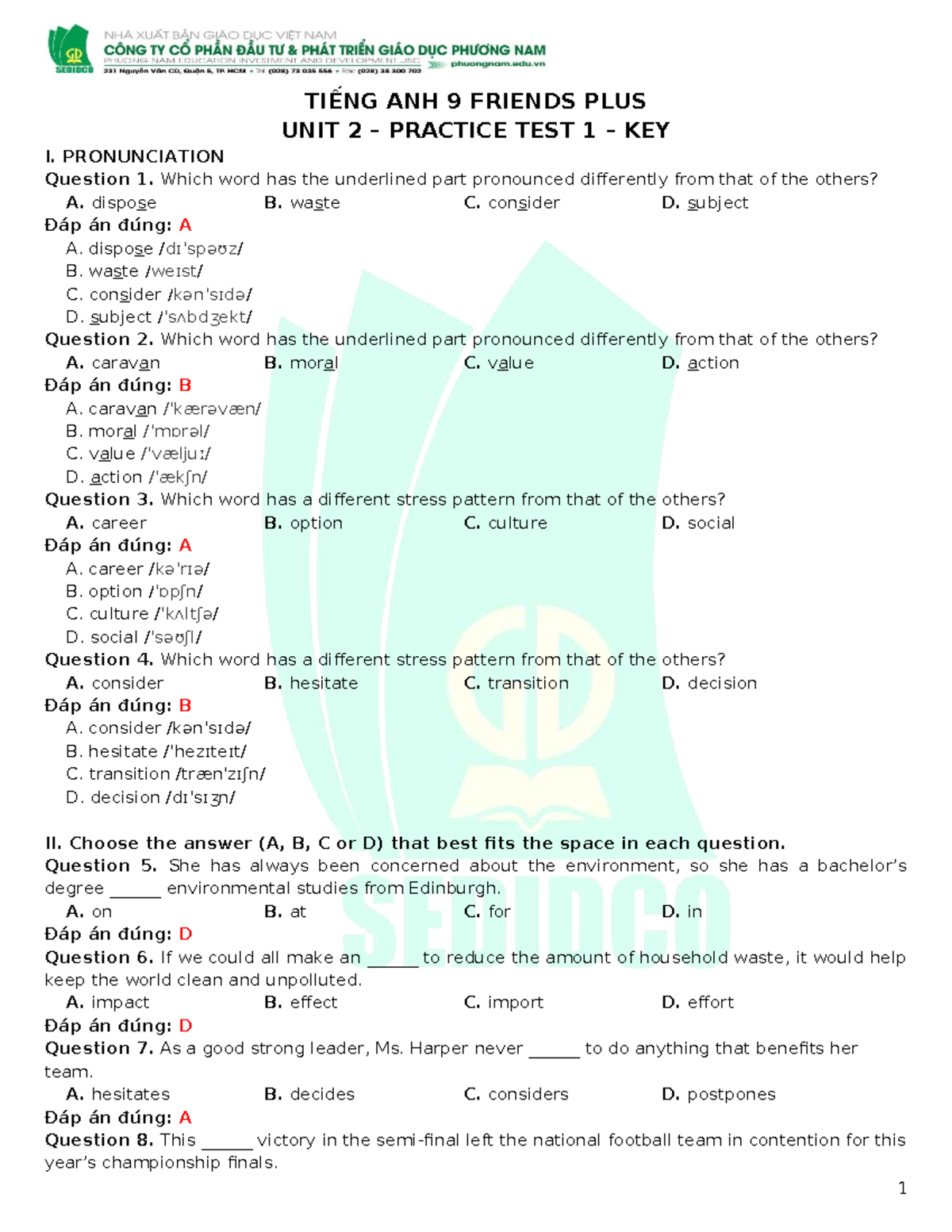 TIẾNG ANH 9 FRIENDS PLUS UNIT 2 PRACTICE TEST 1 ANSWER KEY - Studocu