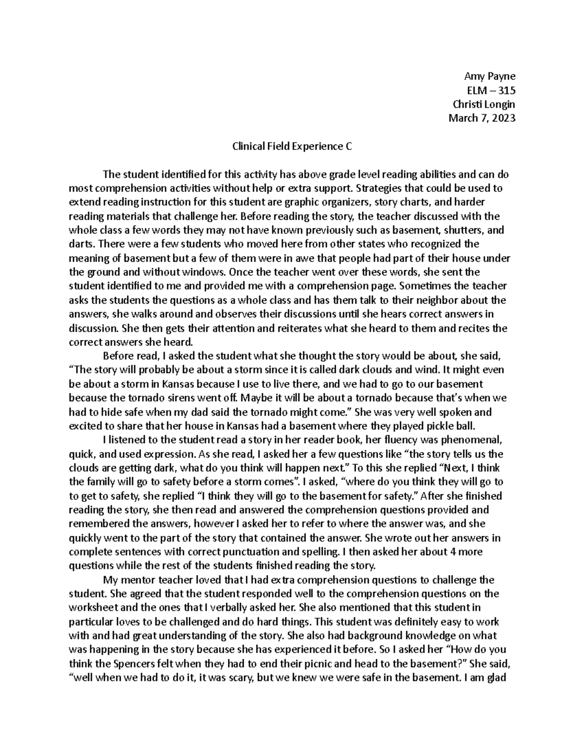 Clinical Field Experience C: Reading Comprehension Strategies - Studocu