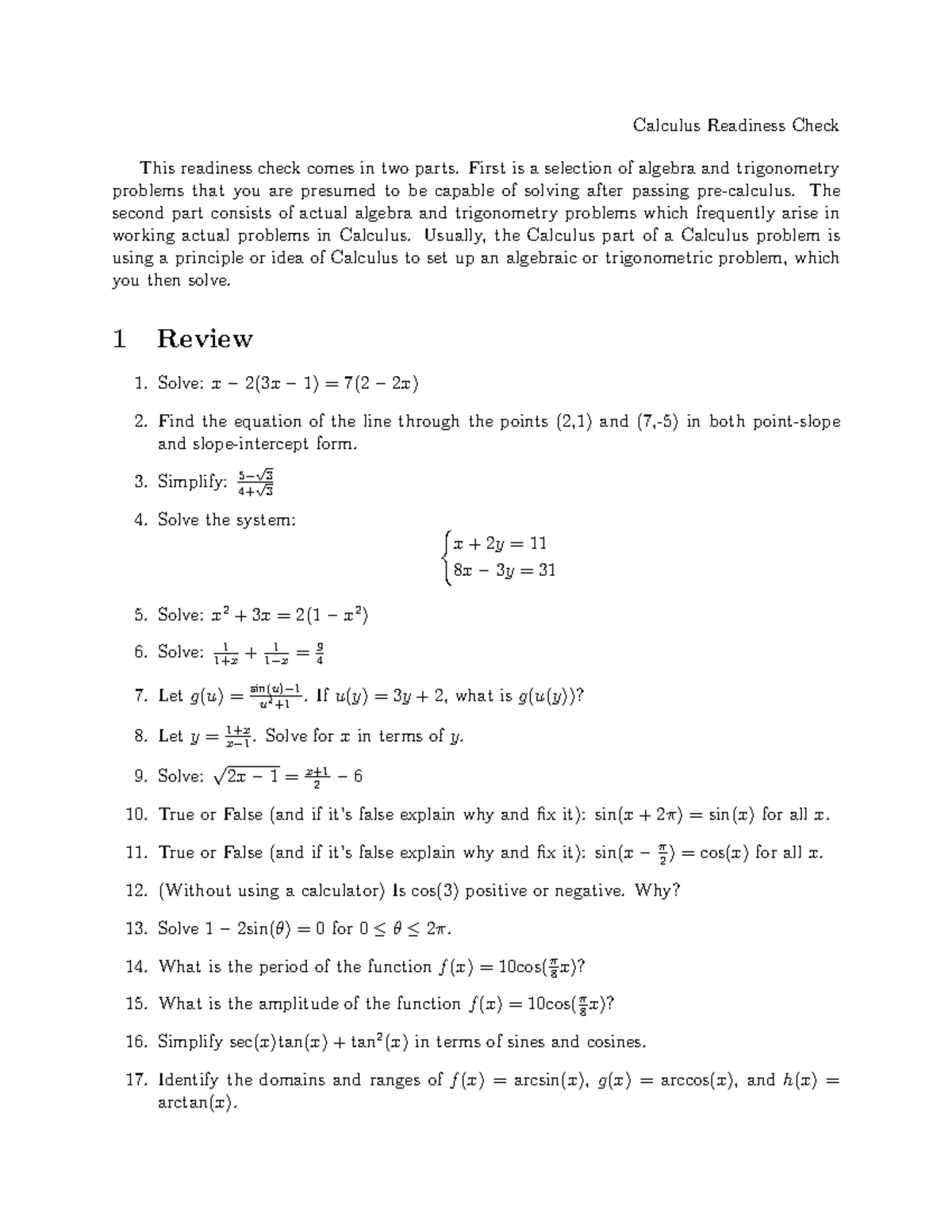 Calculus Readiness Check: Algebra & Trig Review (MATH 101) - Studocu