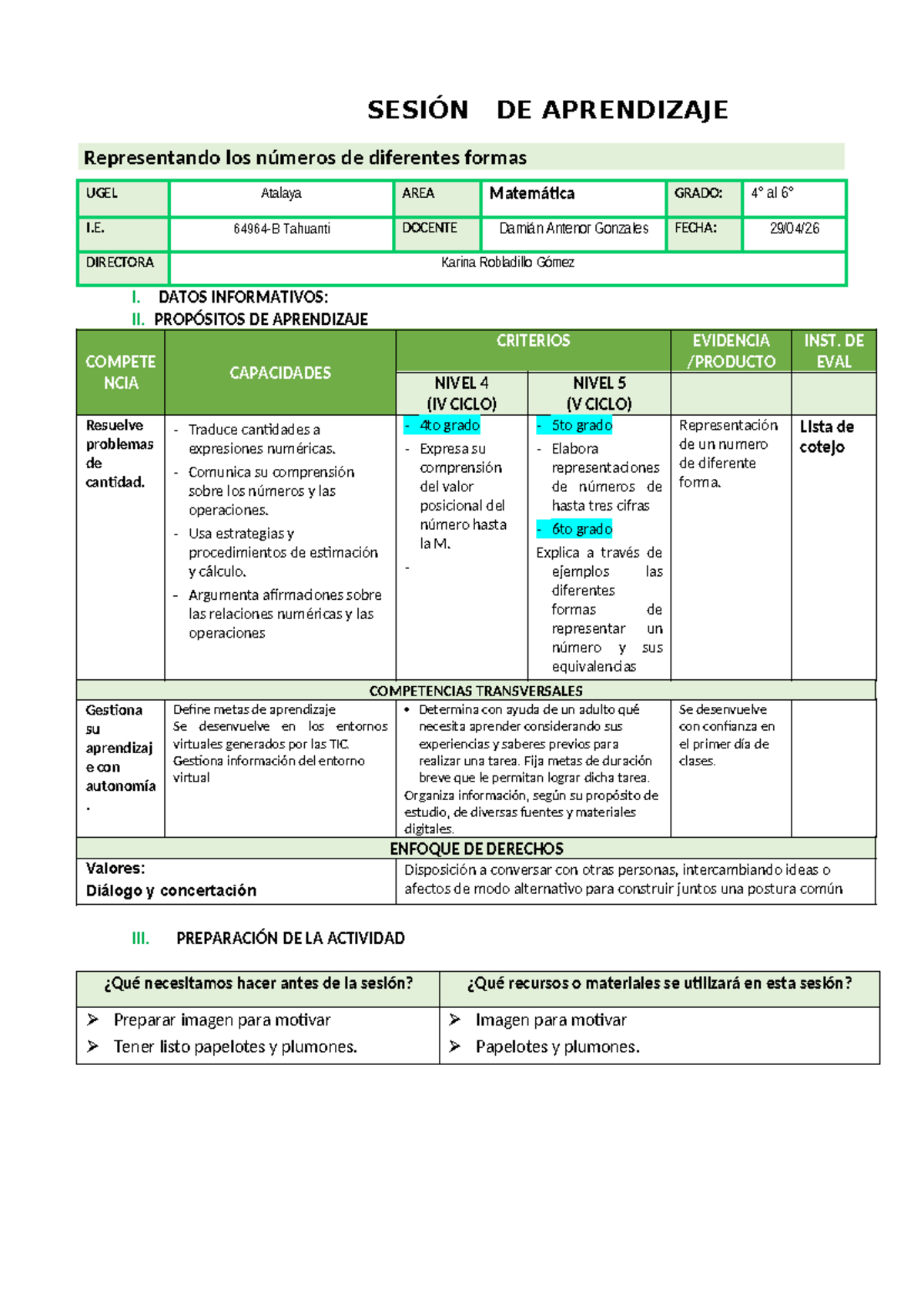 SESION DE APRENDIZAJE: Representación de Números en Matemática - 5to ...