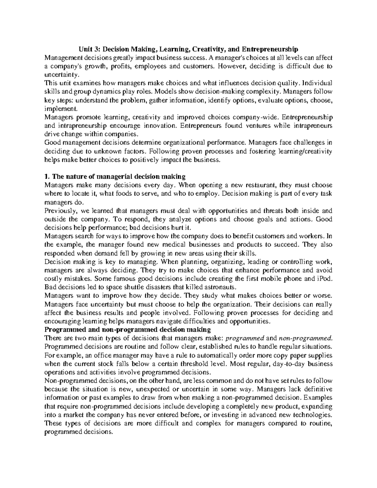 Unit 3 Reading Resources - Unit 3: Decision Making, Learning ...