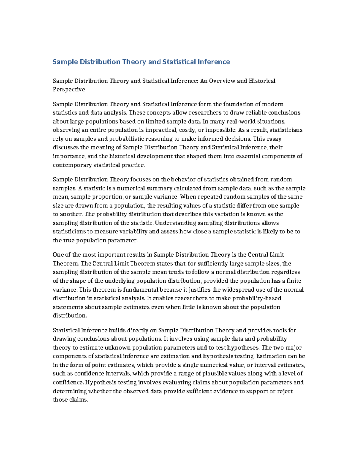 Sample Distribution Theory & Statistical Inference Essay Overview - Studocu