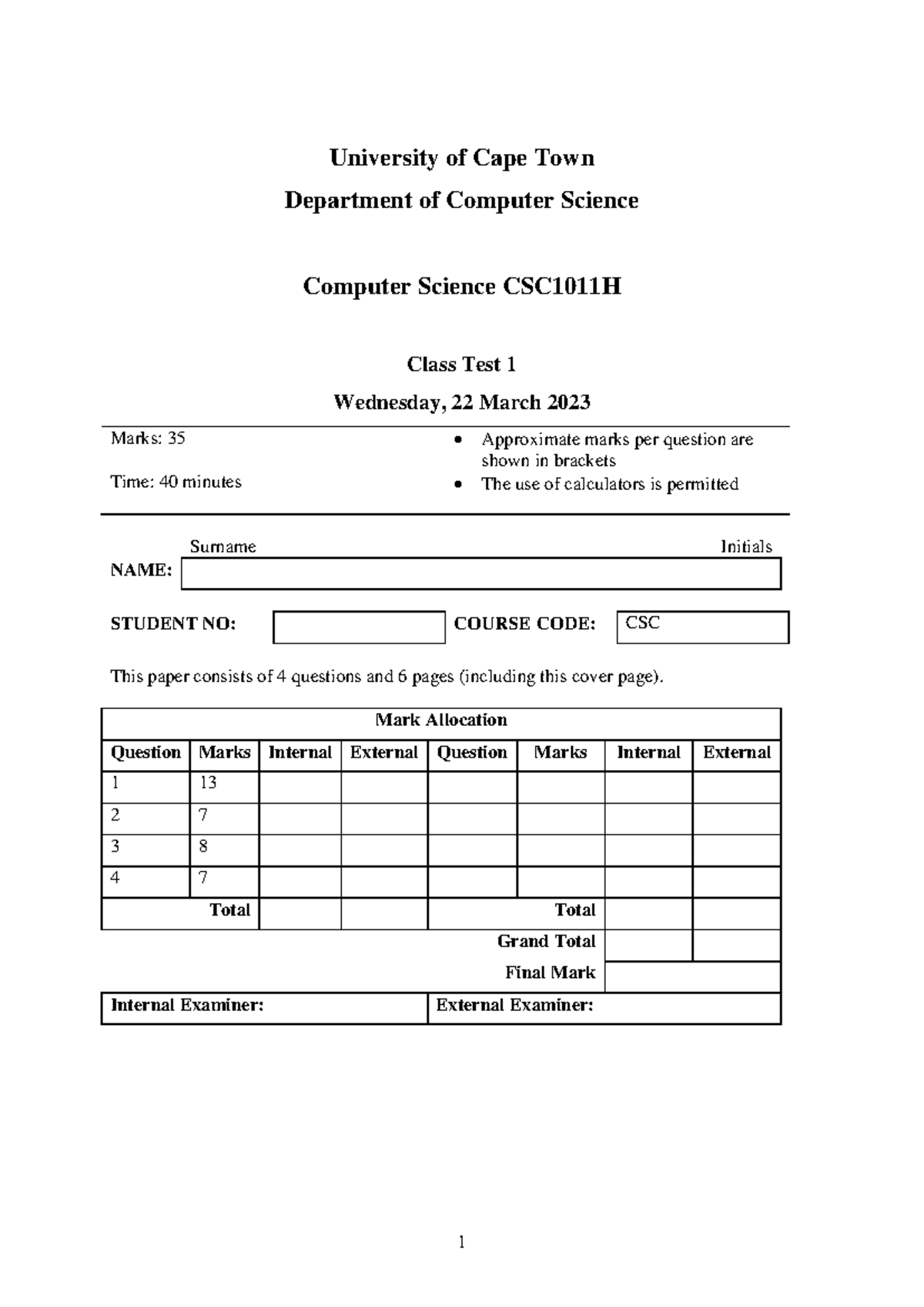 CSC1011H Class Test 1 Questions - University of Cape Town 2023 - Studocu