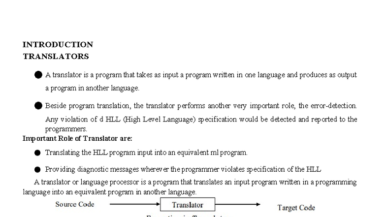 CS3501 Compiler Design Lecture Notes: Introduction to Translators - Studocu