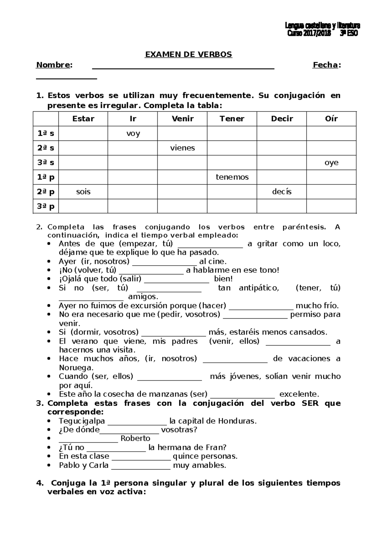 EXAMEN DE VERBOS - 376699065: Conjugación y Ejercicios - Studocu