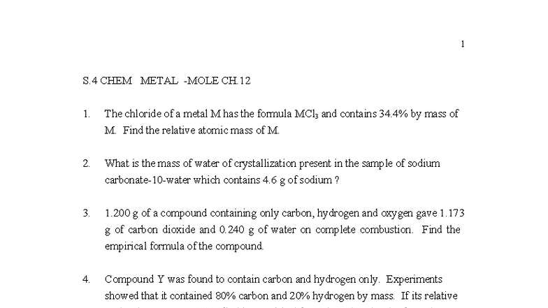 1 S.4 CHEM METAL CH.12 Quiz: Mole Concept Calculations - Studocu
