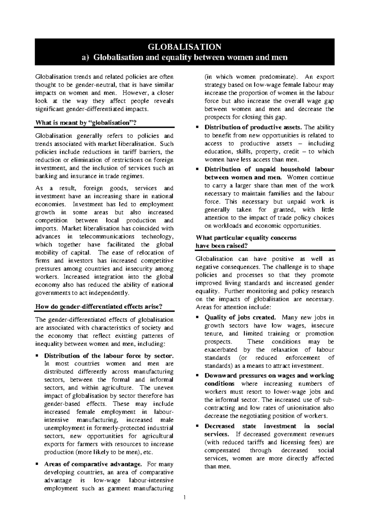1896368 - 1 GLOBALISATION a) Globalisation and equality between women ...