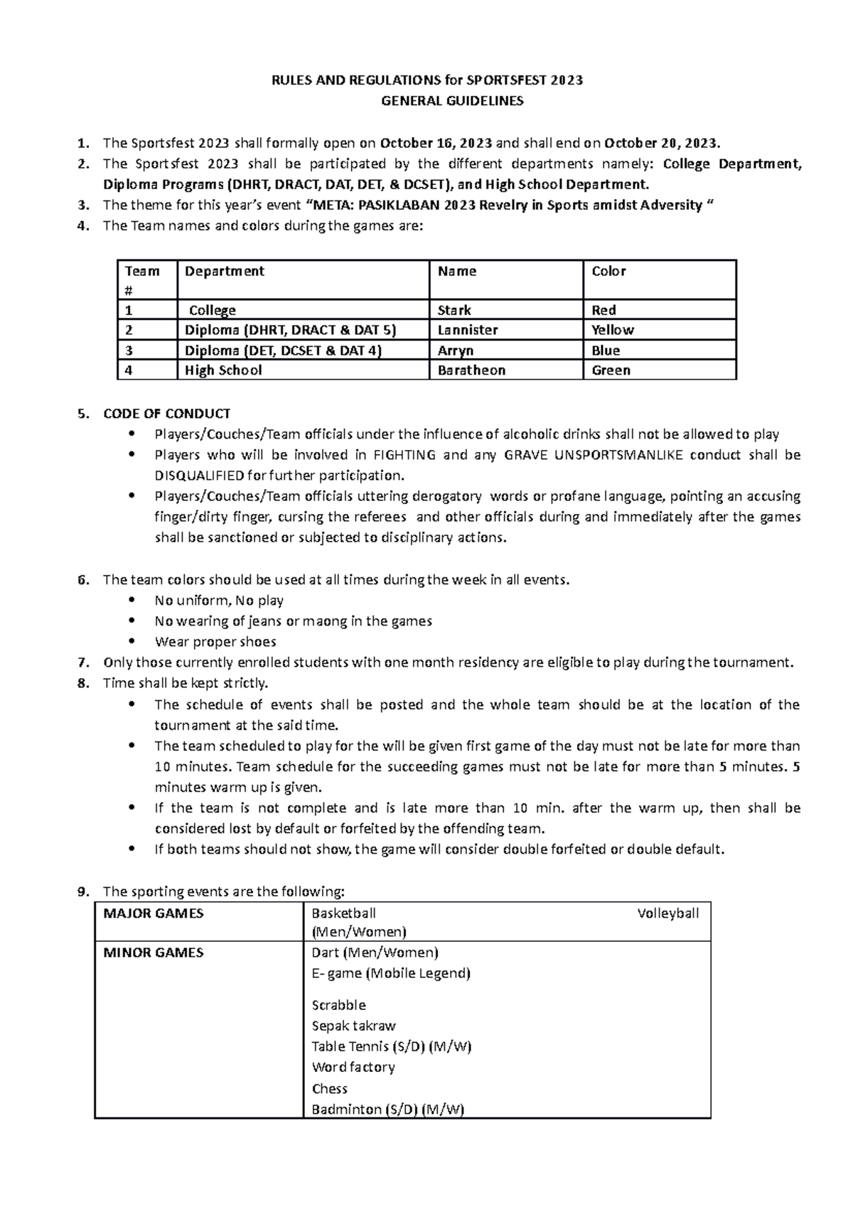 Sportsfest 2023: Rules & Regulations for Team Participation - Studocu
