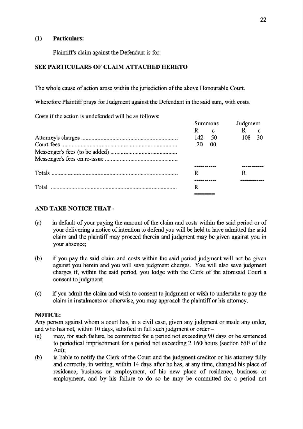 22 (1) Claim Against Defendant: Notice of Judgment and Costs - Studocu
