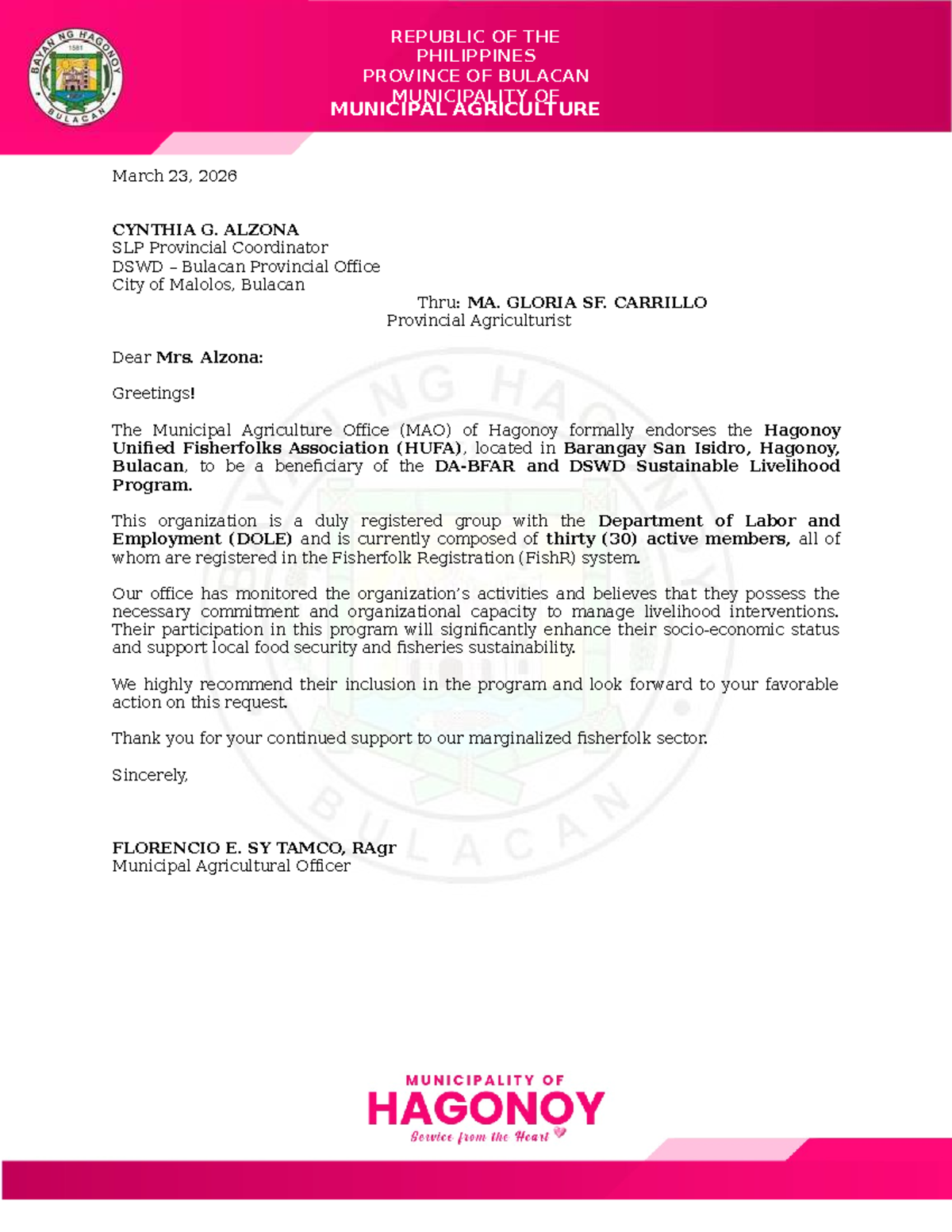 HUFA SLPA - Endorsement Letter for Livelihood Program - Studocu