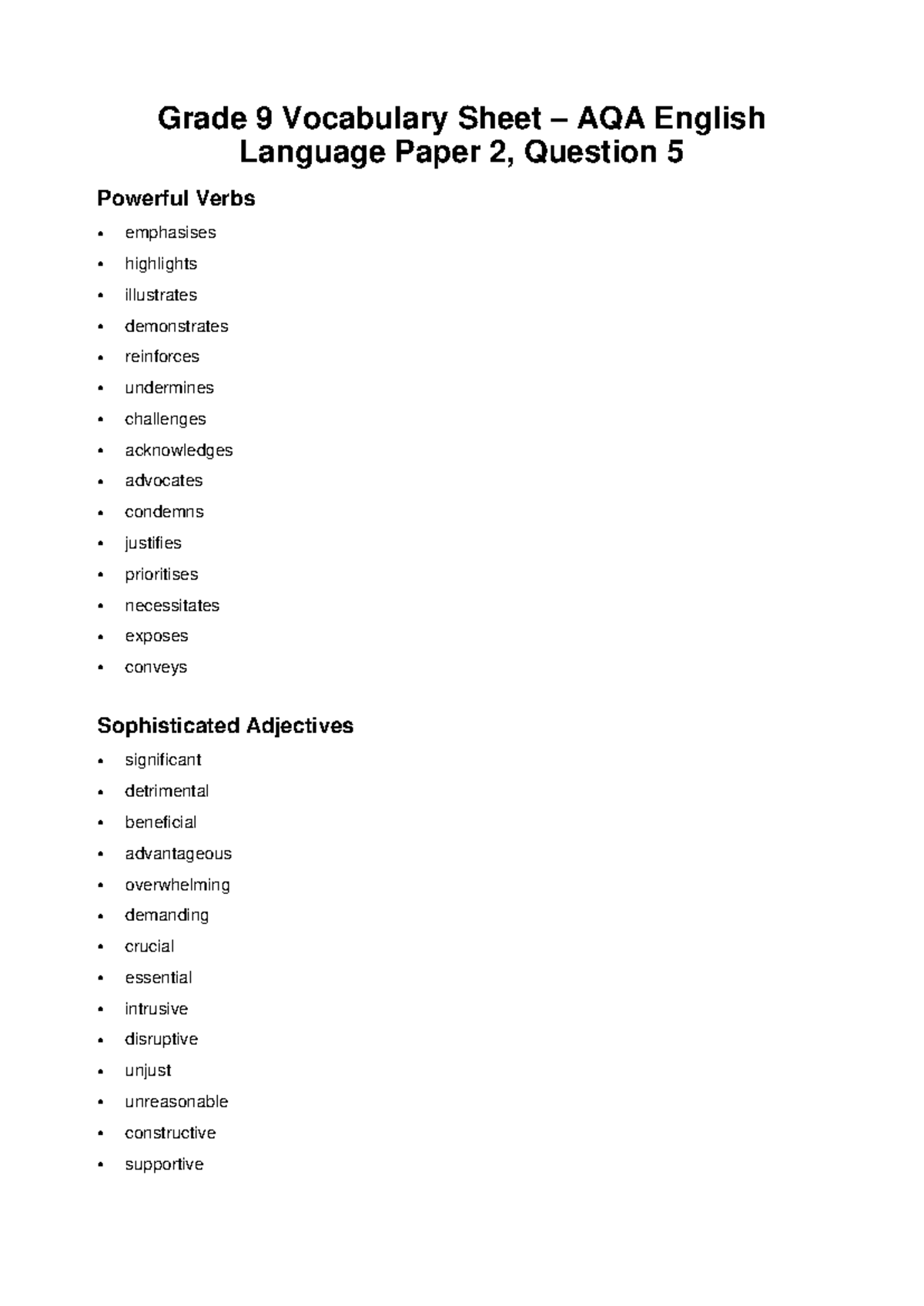 Grade 9 AQA English Language Paper 2 Q5 Vocabulary Sheet - Studocu
