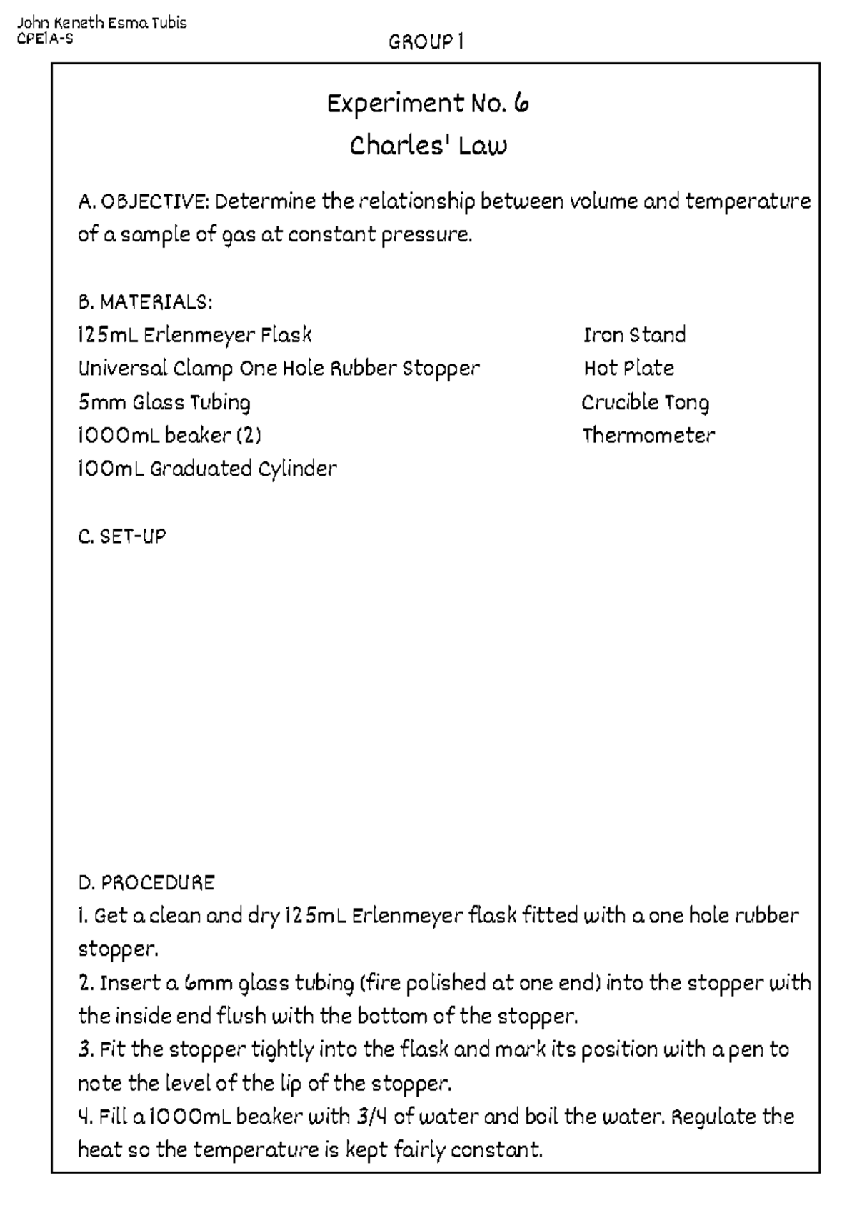 Chemistry Experiment No. 6: Volume-Temperature Relationship (CHE ...